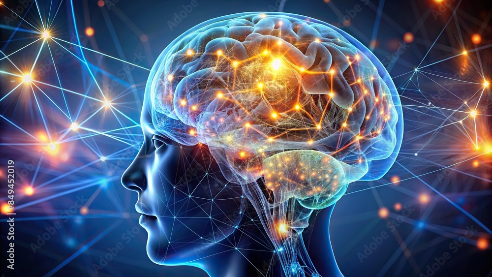 Detailed and realistic side profile of a glowing human brain with vivid neural connections ...