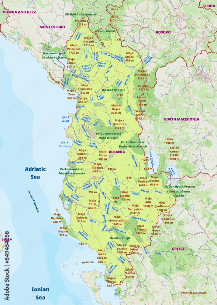 Detailed physical vector map of Albania Stock Vector | Adobe Stock