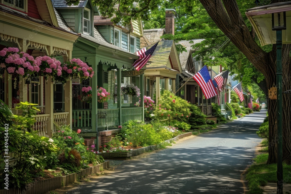 A quaint street in an American town, lined with traditional houses and ...