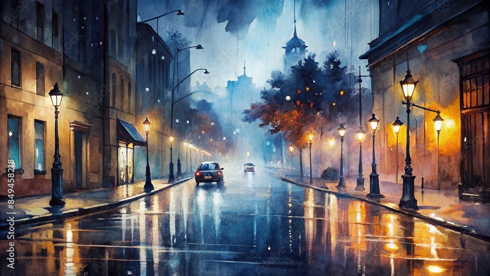 Night street scene of a rainy day watercolor painting with dark colors ...