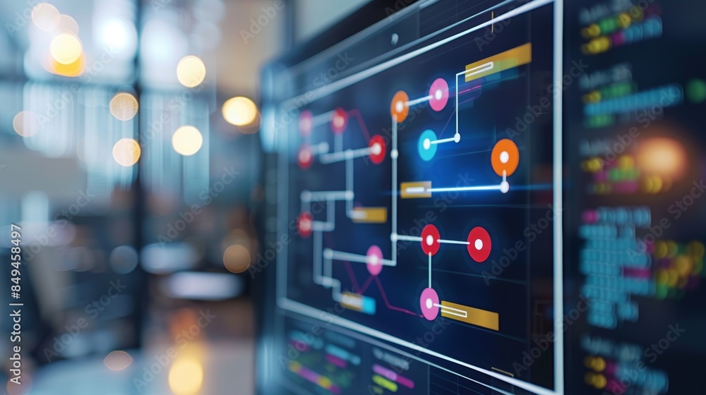 A computer screen displaying a flowchart with connected steps and ...