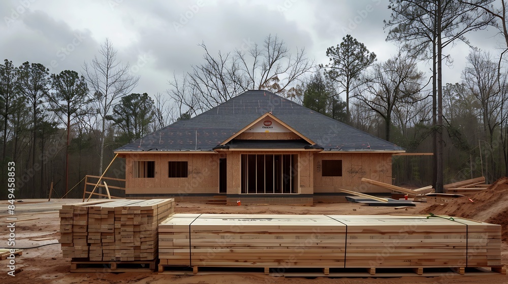 Stack of lumbers in front of timber frame house with post beam OSB ...