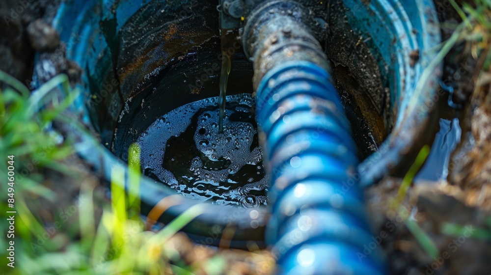 pumping out sewage from a cesspool using a pumping hose. hose from a ...