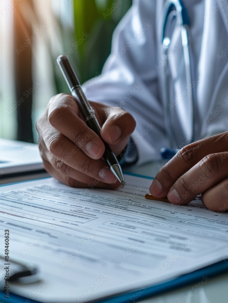 Doctor writing survey, insurance and claim form for medical paperwork ...