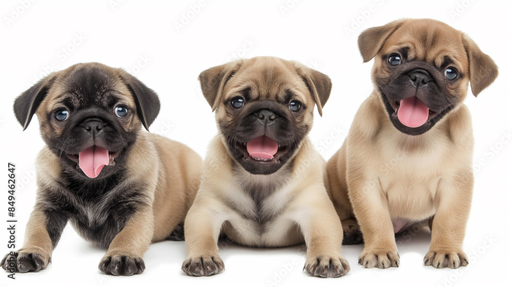 Three adorable pug puppies sit side by side, tongues out and looking ...