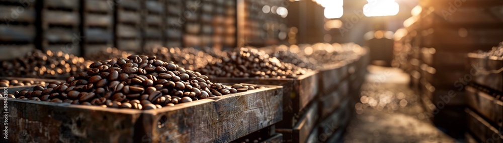 Heaps of roasted coffee beans in wooden crates, detailed view of the ...