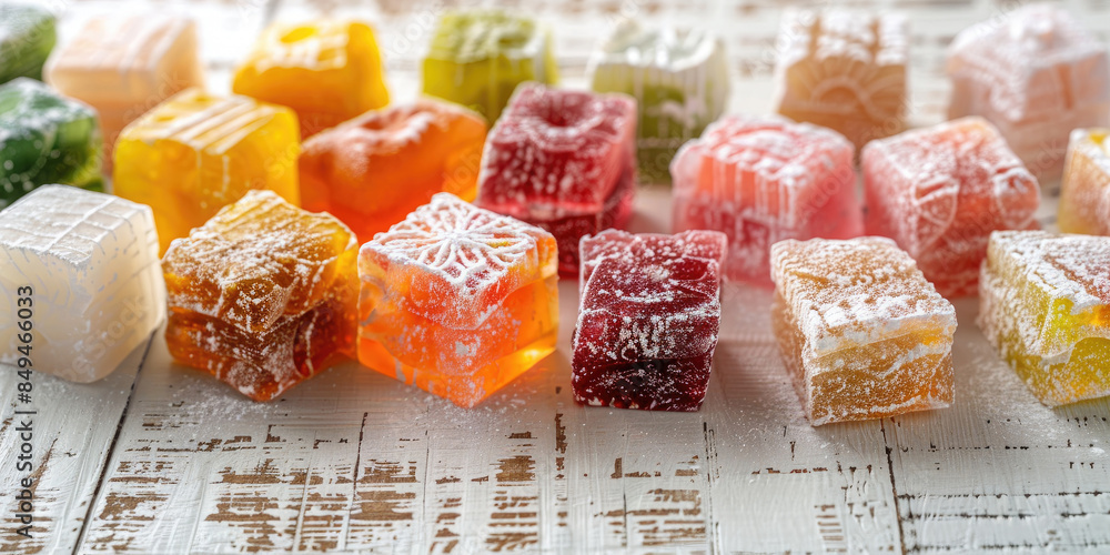 Turkish Delight on a white wooden table, Assorted flavors of chewy and ...