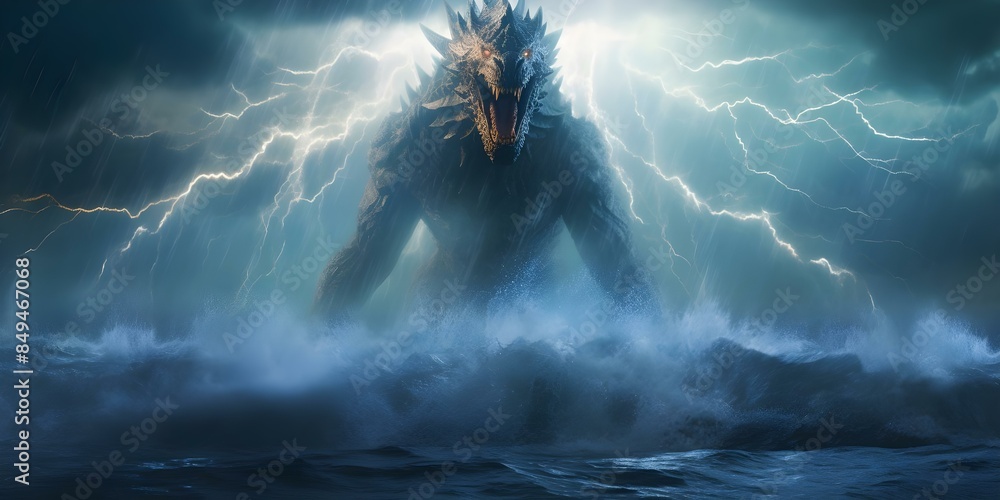 ภาพประกอบสต็อก Godzilla rises from the ocean in a dramatic scene with ...