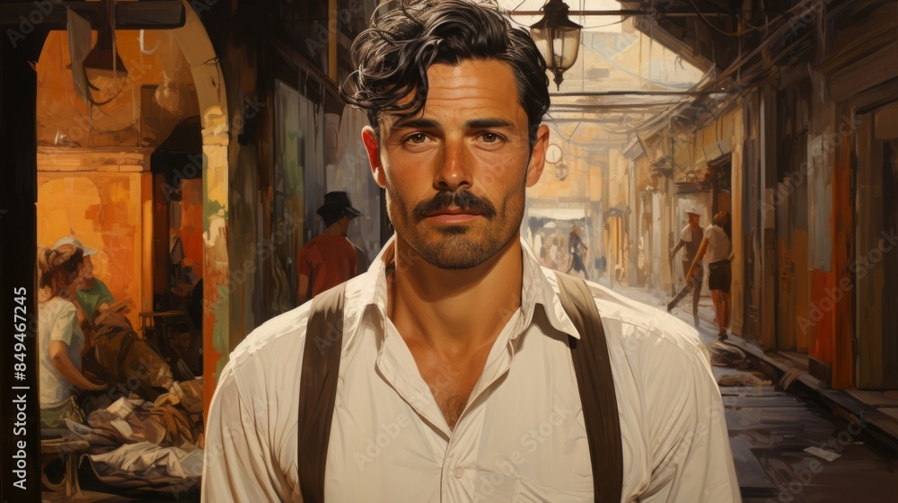 Art Deco portrait of a Spaniard man with a mustache in an unbuttoned ...