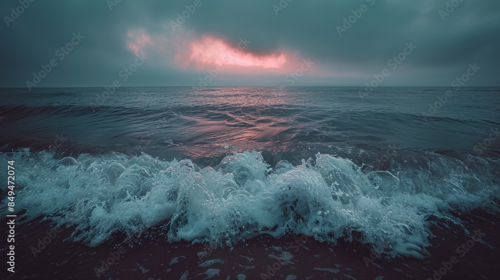Waves crash on the shore under a dramatic, cloudy sunset at North ...