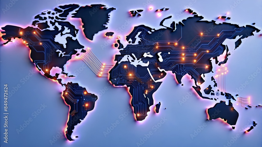 stylized illustration of the world map made up of digital circuits ...