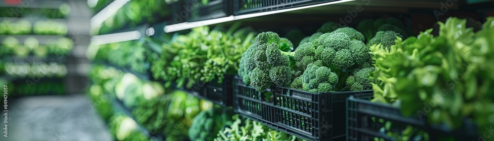 Crates filled with fresh broccoli, lined up on industrial shelves in a ...