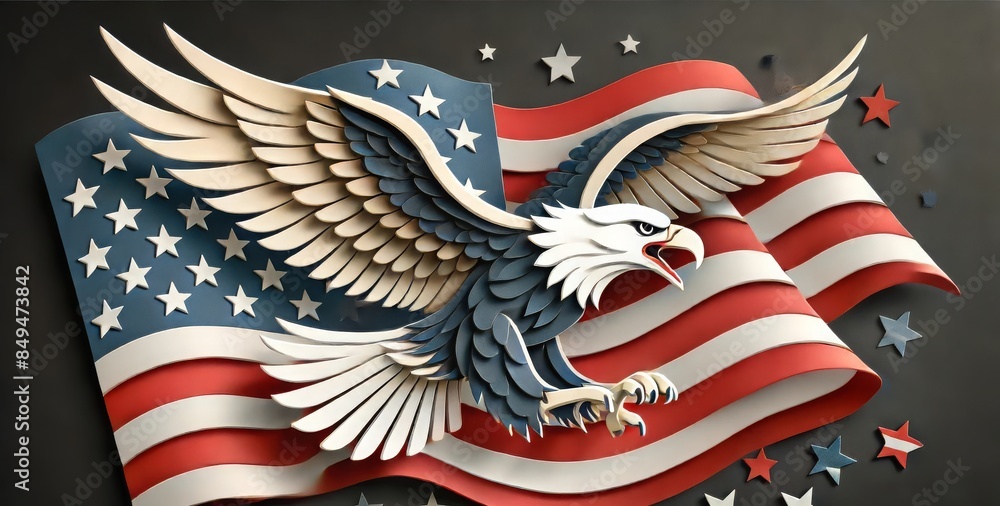 Artwork featuring a bald eagle in mid-flight with an American flag ...
