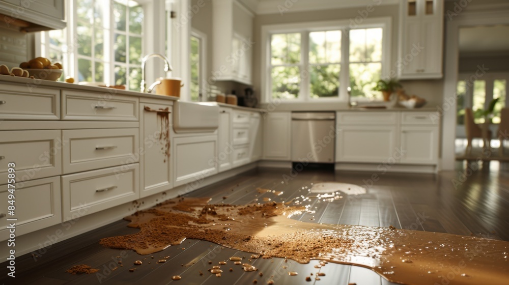 Melted chocolate is smeared and splattered over a clean, modern kitchen ...