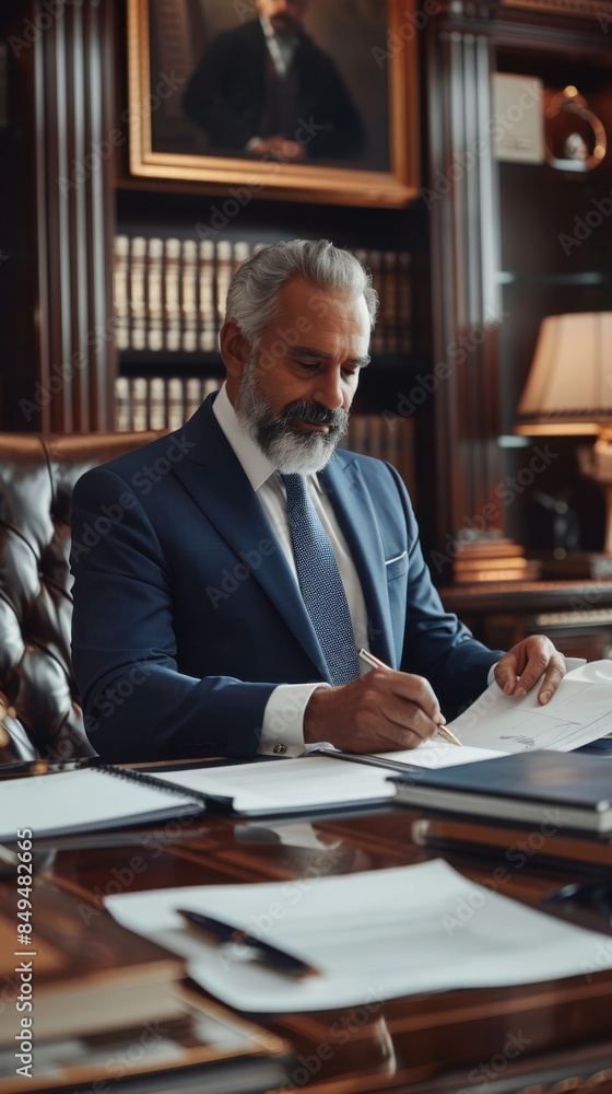 A successful CEO is seated in a stylish office, focusing intently on ...