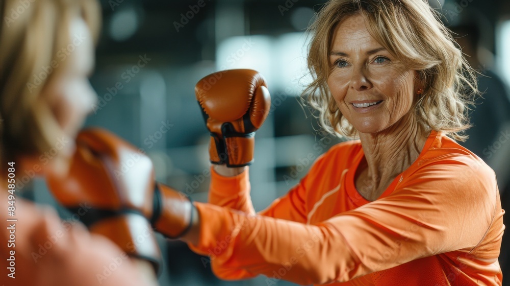 A fit, mature woman is seen smiling and wearing boxing gloves while ...