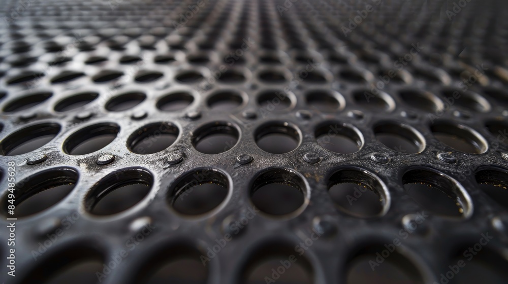 Macro image of a black metal grid with circular perforations ...