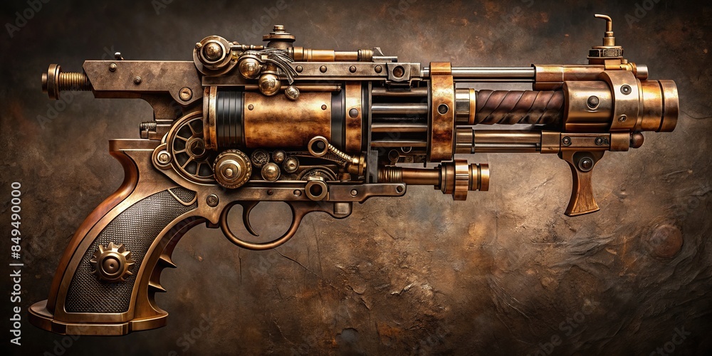 Steampunk gun with intricate mechanical details in an action pose ...