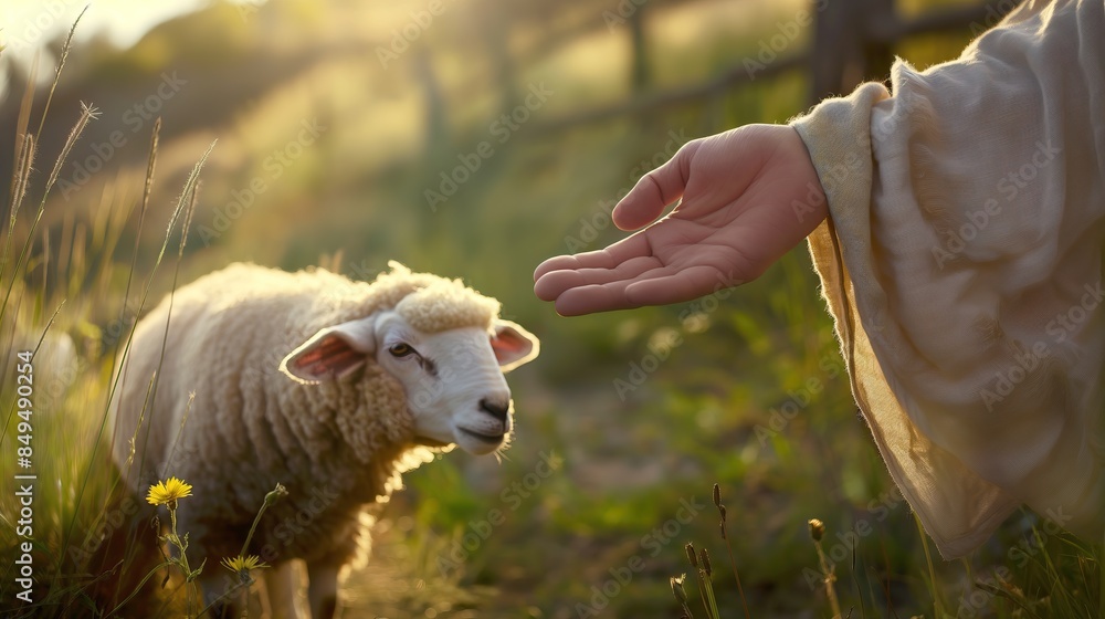 Jesus Christ hand reaching for lost lamb to save Stock Illustration ...