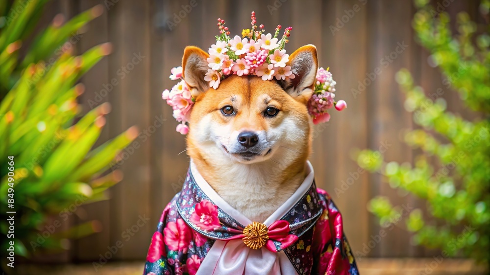 Shiba Dog dressed as a Japanese princess with kimono and hair accessory ...