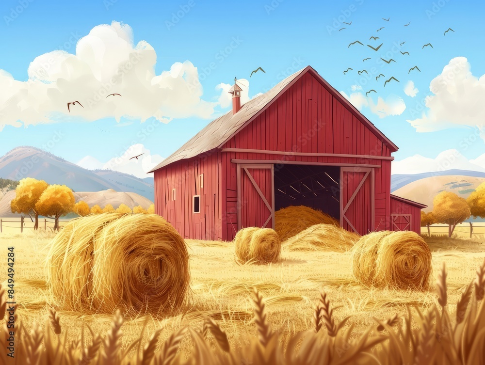 Farm-themed cartoon barn design featuring straw bales and hay piles ...