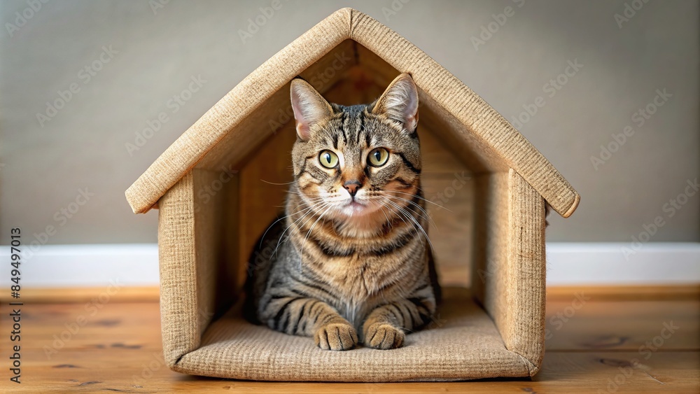 Tabby cat sitting in cozy animal house, tabby cat, pet store, animal ...