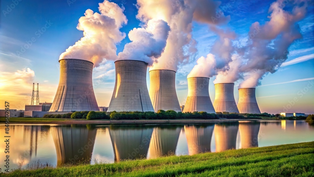 Nuclear plant with cooling towers releasing steam, nuclear power ...