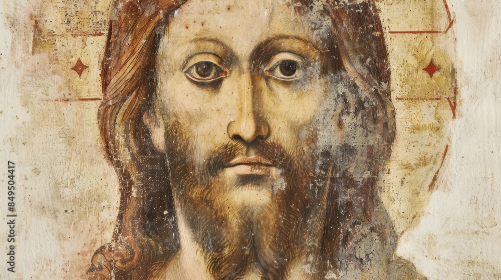 A classic Catholic art portrait of Jesus, shown head-on with a white ...
