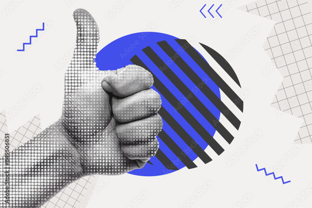 Trendy Halftone Collage Hand showing Thumbs up gesture on geometric ...