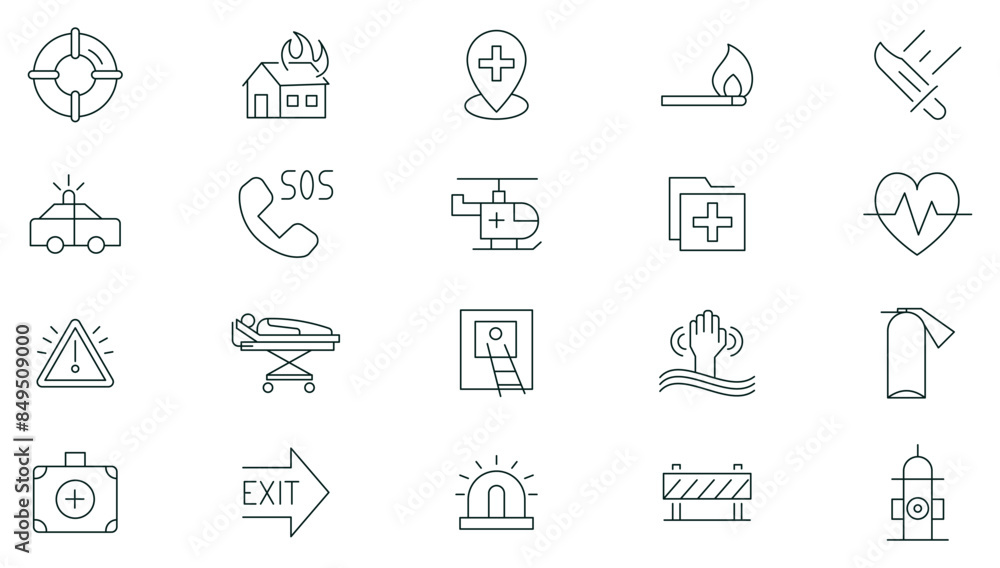 Emergency line icon set. Warning, protection, urgent, containing siren ...
