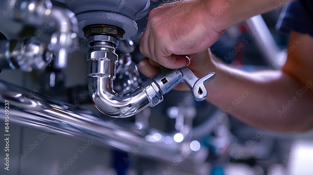 close up hand of a plumber fixing a pipe under a sink, using a wrench ...