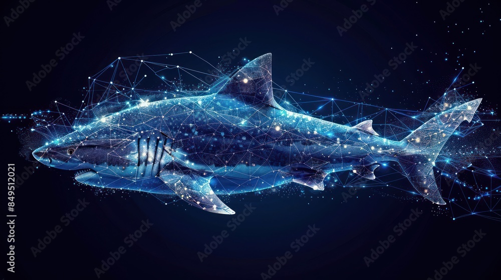 A shark is shown in a blue and white color scheme. The shark is ...