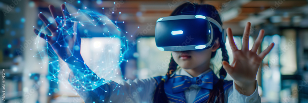 School student using VR headset and AI artificial intelligence ...