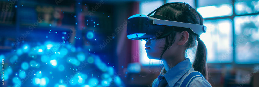School girl wearing VR headset using AI artificial intelligence ...