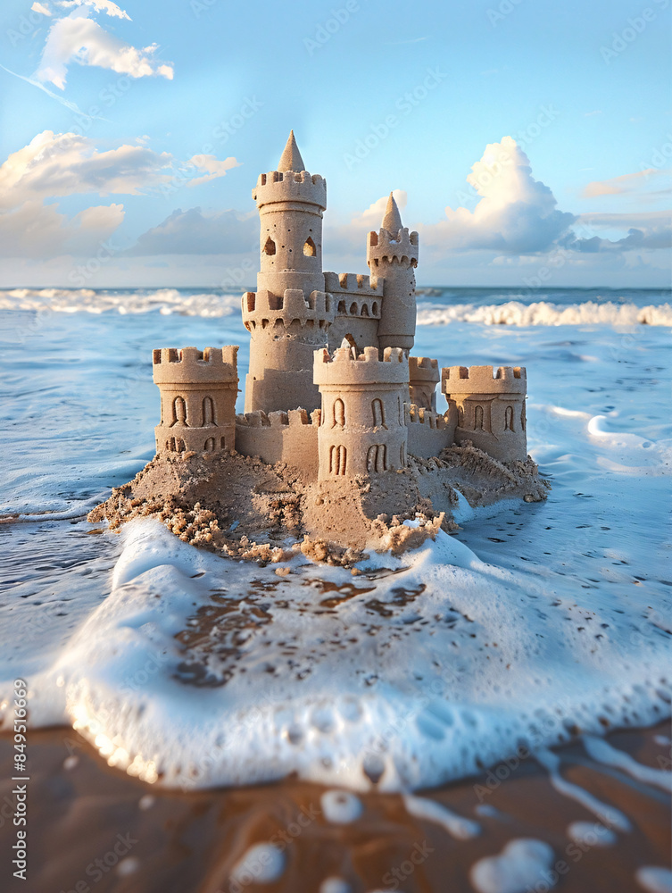 A detailed sandcastle with multiple towers and turrets stands at the ...