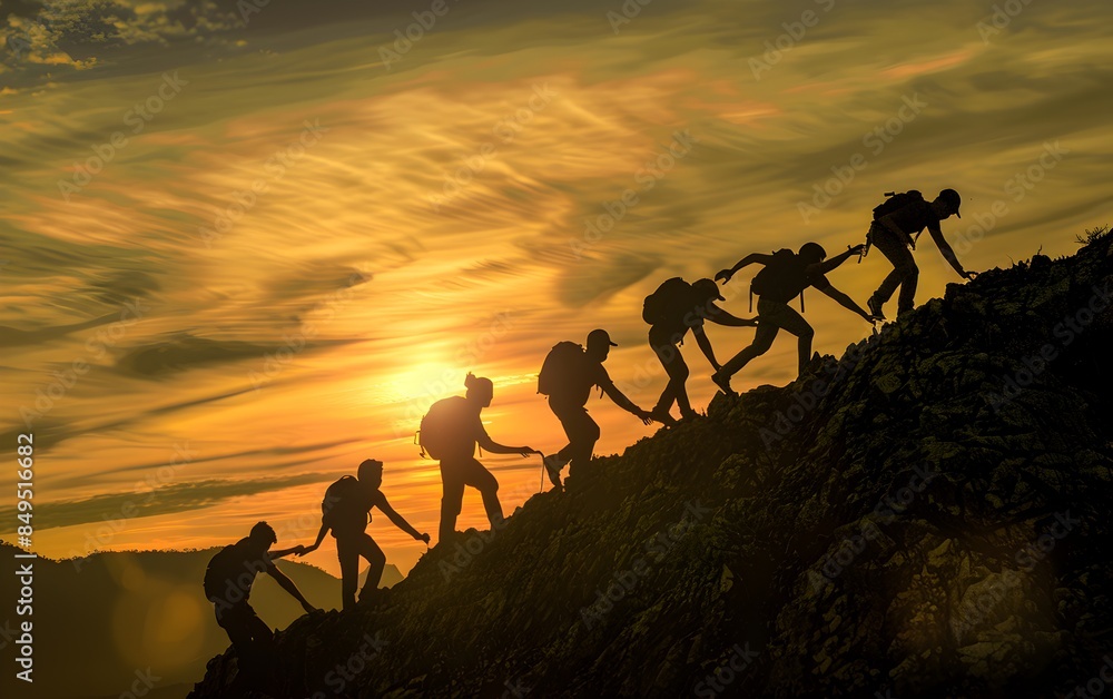 Silhouette of a team helping each other reach the top of a mountain ...