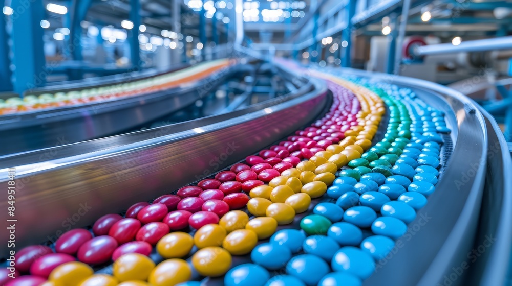 Conveyor belt carrying a rainbow of candies in a state-of-the-art food ...