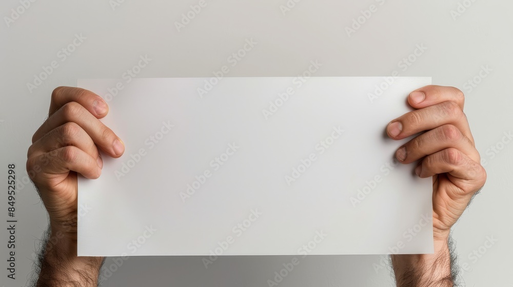 Hands tightly holding a plain paper sheet, focused on fingers and ...