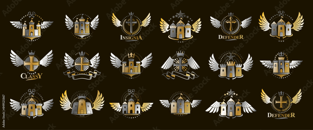 Vintage castles vector logos or emblems, heraldic design elements big ...