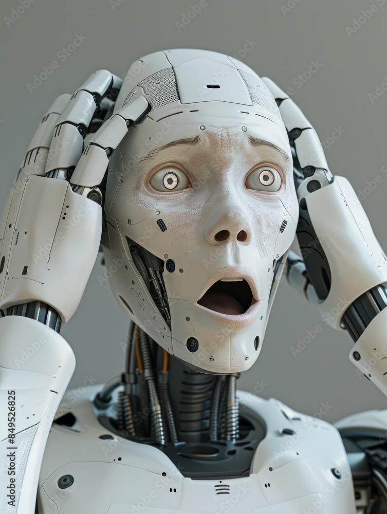 Surprised humanoid robot emotions look, hands holding his head in shock ...