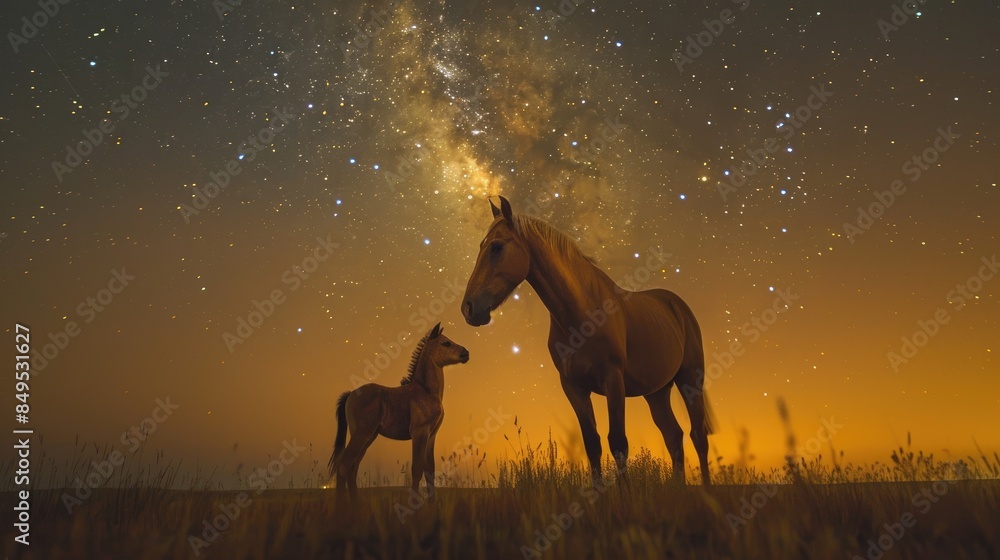 A horse and foal stand silhouetted against a starry night sky. The ...