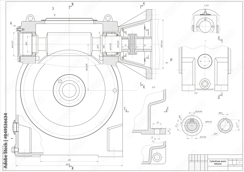 Vector assembly drawing of cylindrical worm reducer. Steel mechanical ...