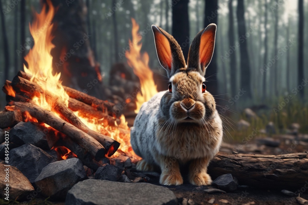 A rabbit is trapped in a fire of a burning forest. A rabbit fell into a ...