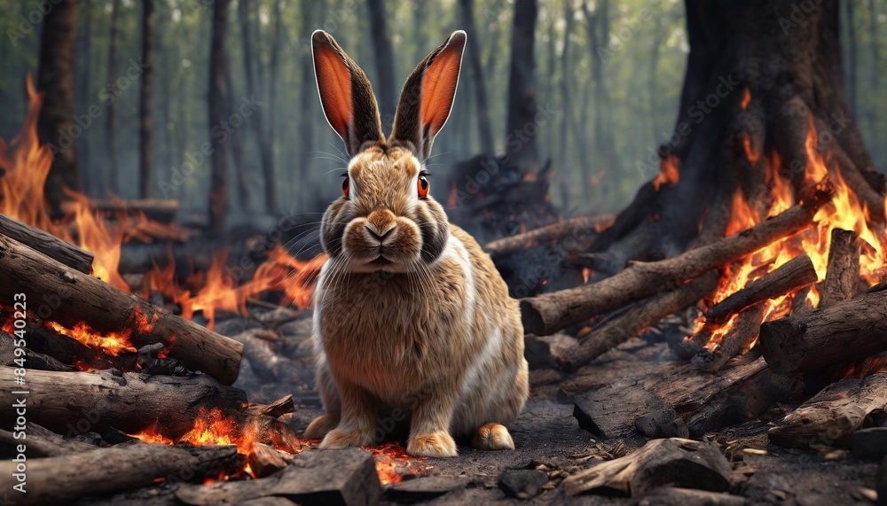 A rabbit is trapped in a fire of a burning forest. A rabbit fell into a ...