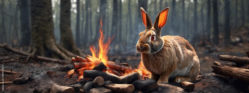A rabbit is trapped in a fire of a burning forest. A rabbit fell into a ...