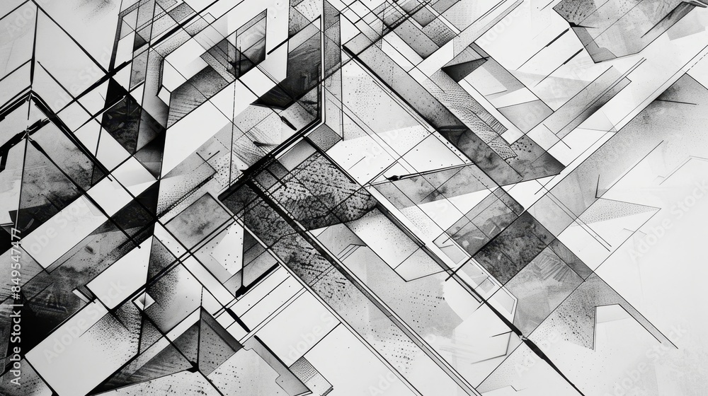 Complex, abstract black and white drawing with a multitude of geometric ...