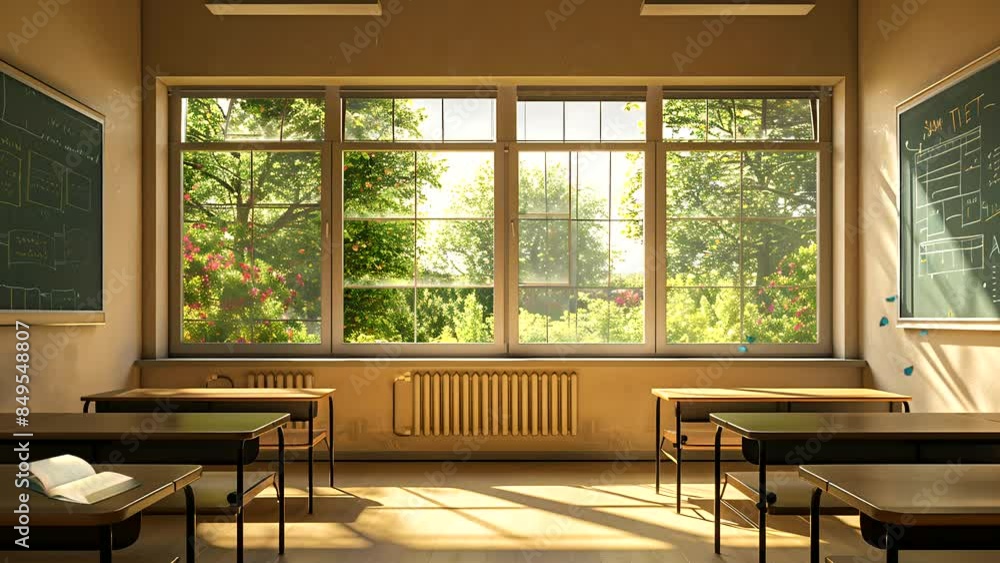 vintage school classroom with windows, green walls, wooden tables and ...