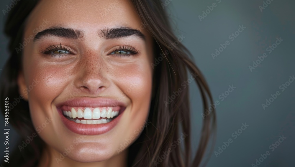 A beautiful woman smiles with perfect teeth and radiant skin, radiating ...