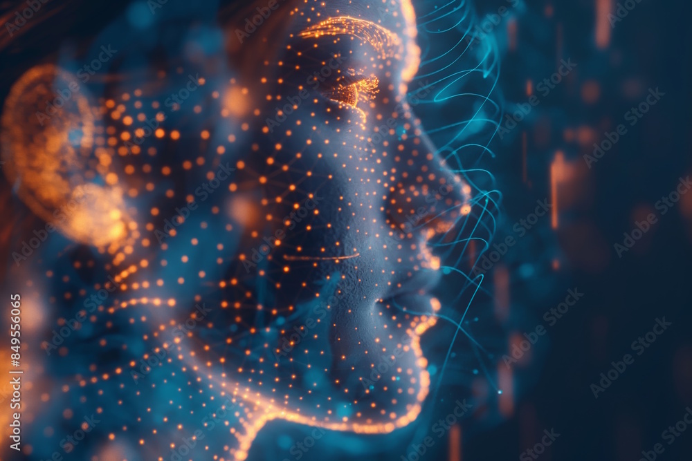 Digital face with neon lights and abstract lines, concept of technology ...