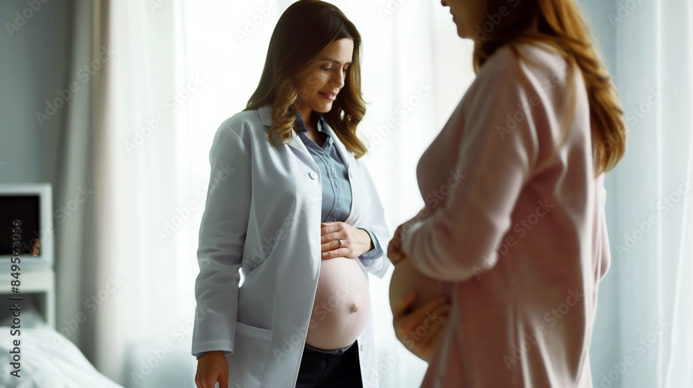 Healthcare professional touching a pregnant woman's belly during a ...